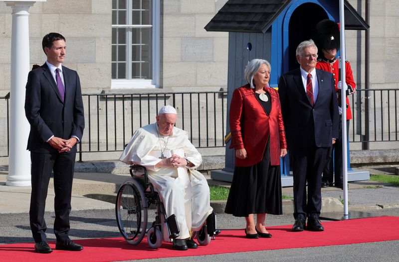 Pope Francis meets Canada's PM Trudeau in Quebec